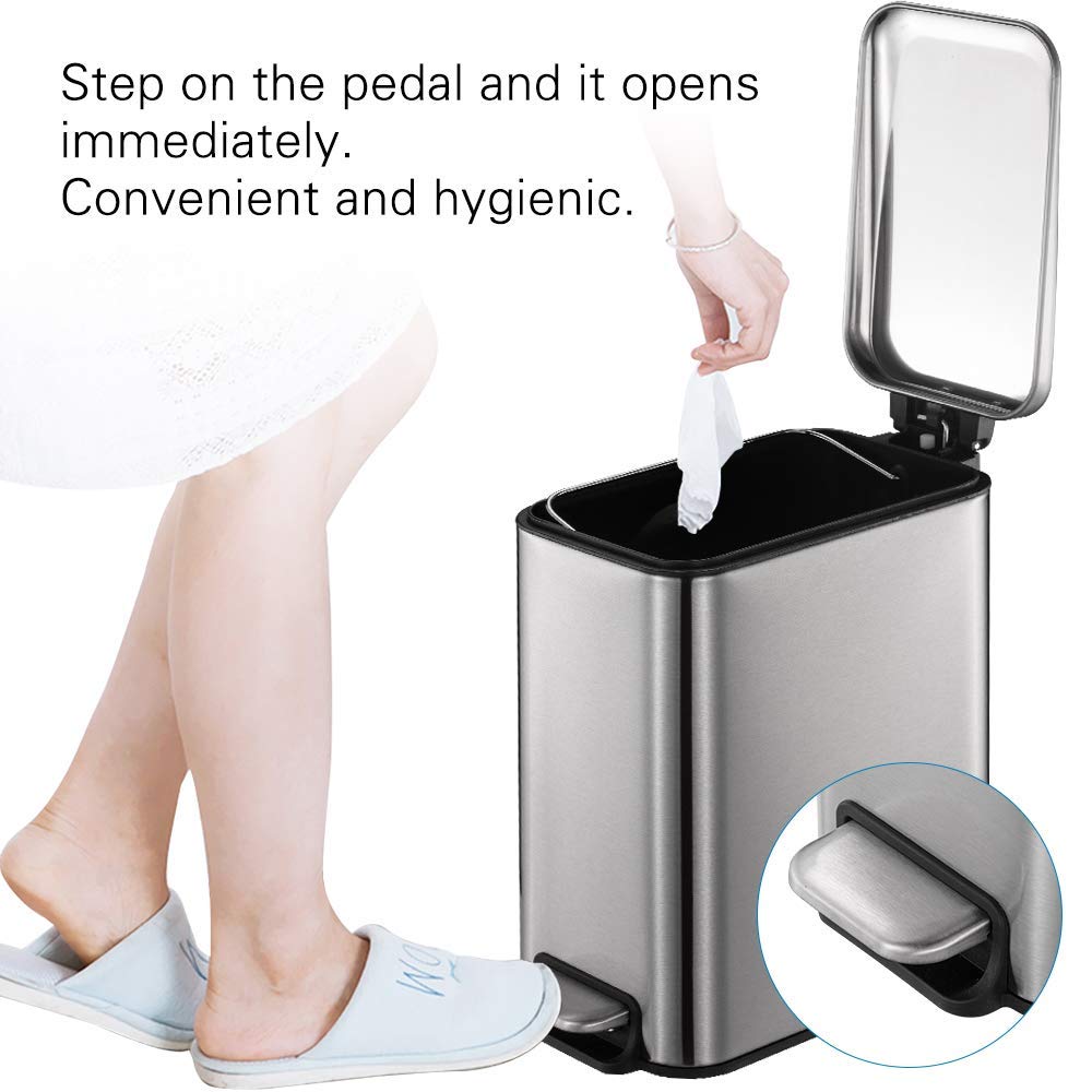 CLTEC 5L/1.3Gal Stainless Steel Trash Can with Lid Soft Close, Removable Inner Waste Basket, Slim Small Garbage Can, Rectangular Step Trash Bin for Bathroom Bedroom Office, Anti-Fingerprint, Silver