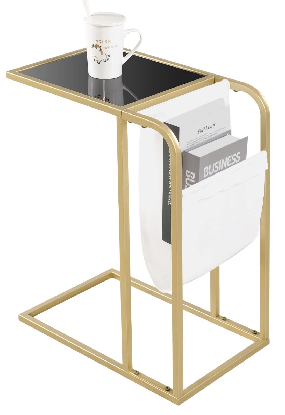 HAWOO Rectangle Nightstand, C Shaped End Snack Side Table Slide Under Couch with Glass Top and Storage for Sofa Coffee Laptop Living Room Bedroom Small Space, 18.5" L x 12" W x 24" H