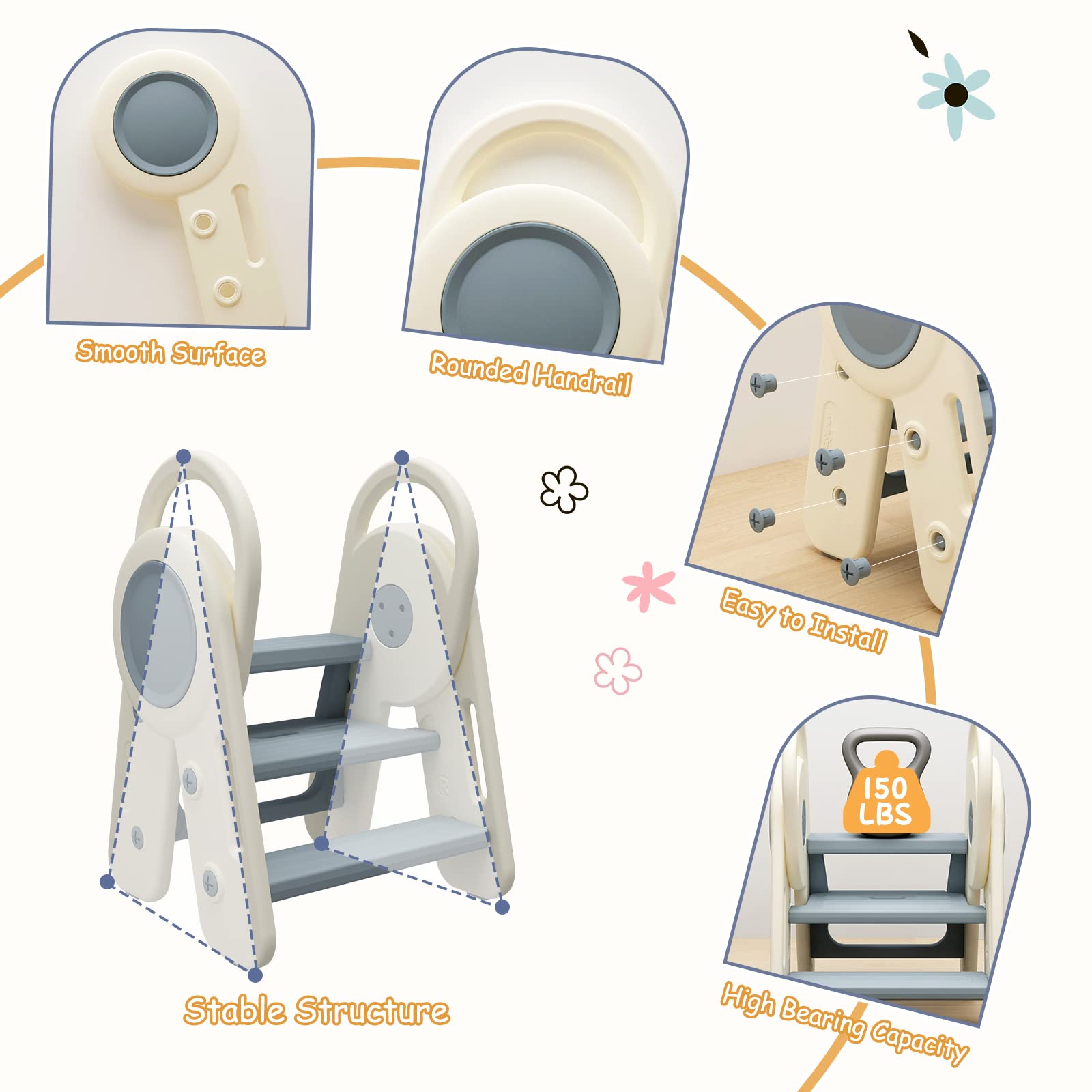 BanaSuper Foldable Toddler Step Stool with Safety Handrail for Kitchen Counter Bathroom Sink Kids Adjustable Toilet Potty Training Stool Children Step Ladder Learning Helper with Non-Slip Pads (Blue)