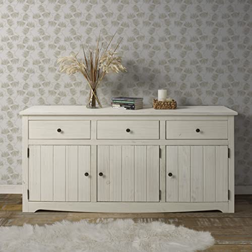 Furniture Dash, Wooden Storage Cabinet- 3 Doors & 3 Drawers, Cupboard Console Table, Sideboard Buffet, Ideal for for Living Room, Kitchen Island, Dining Room, Hallway- White Distressed