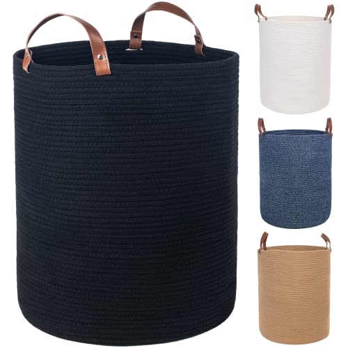 Twira Extra Large 20x16 Inches Cotton Rope Basket, Woven Baby Laundry Blanket Basket with Leather Handle Toy Basket Storage Baskets Bin for Yoga Mat & Towel (Black)