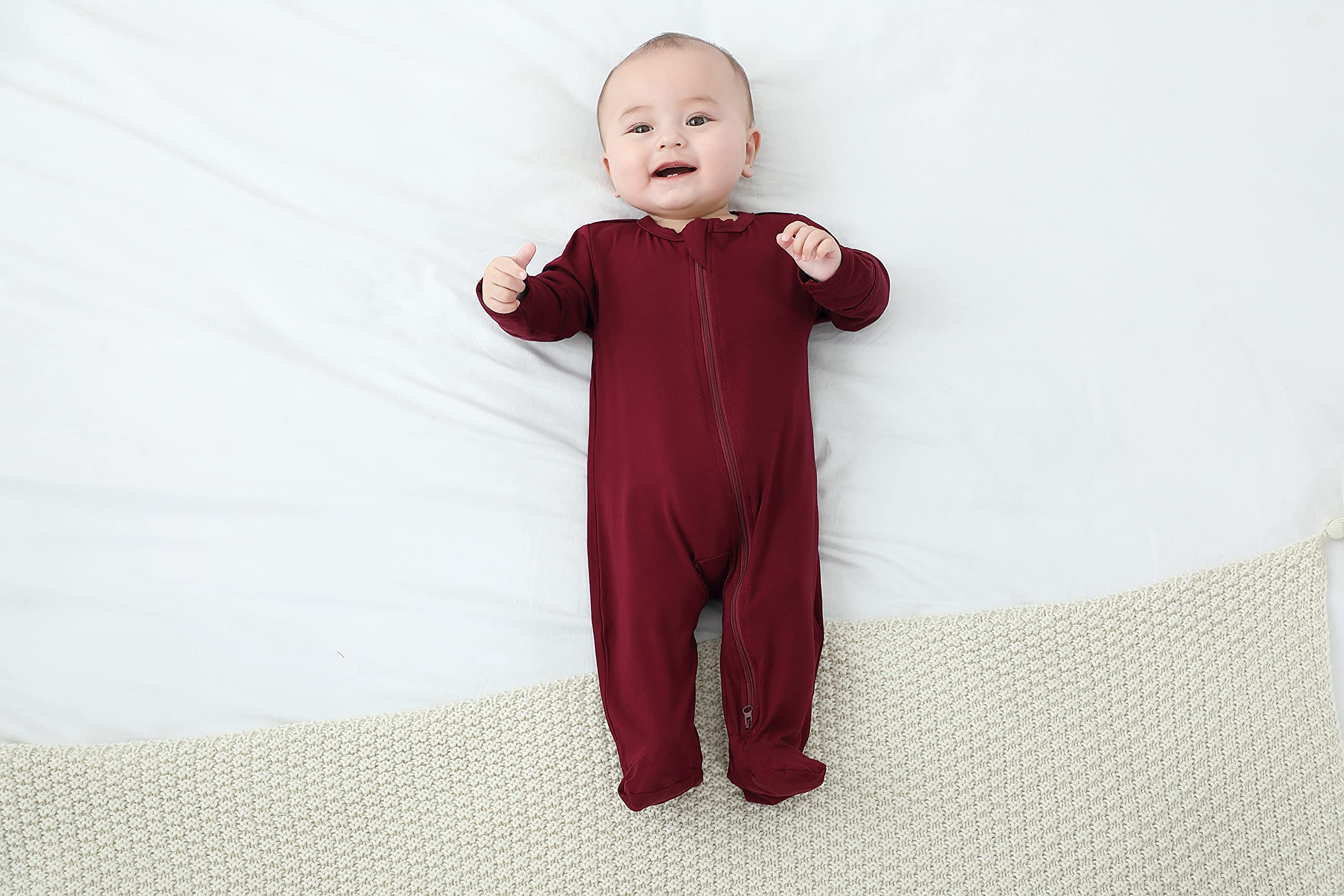 GUISBY Long Sleeve Sleepers Baby, Rayon Footed Pajamas Long Sleeve with Mitten Cuffs 3-6 Months Maroon
