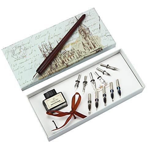 Wooden Quill Pen wiht Ink Set Handcrafted Wooden Callgraphy Pen Writing Dip Ink Pen Gift Set with 11pcs Metal Pen Nibs &Black Ink
