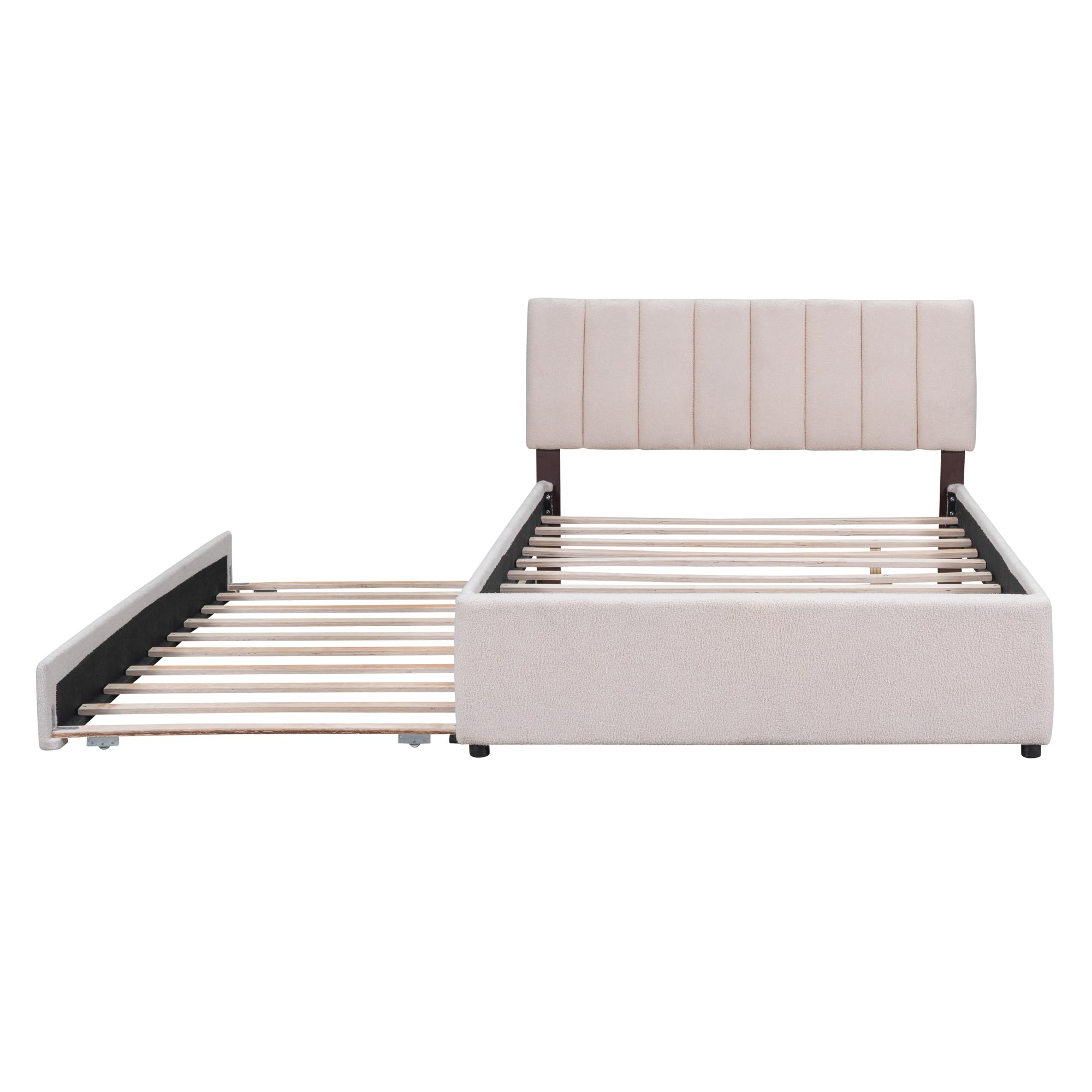 Brisca Full Size Teddy Fleece Upholstered Platform Bed with Trundle and LED,Bed Frame W/Stripe Designed Headboard,for Bedroom,Apartment,Guest Room,Beige