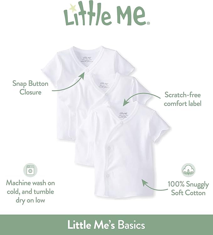 Little Me Unisex-Baby Newborn Snap Side Tee Shirt 3 Pack, White, Medium