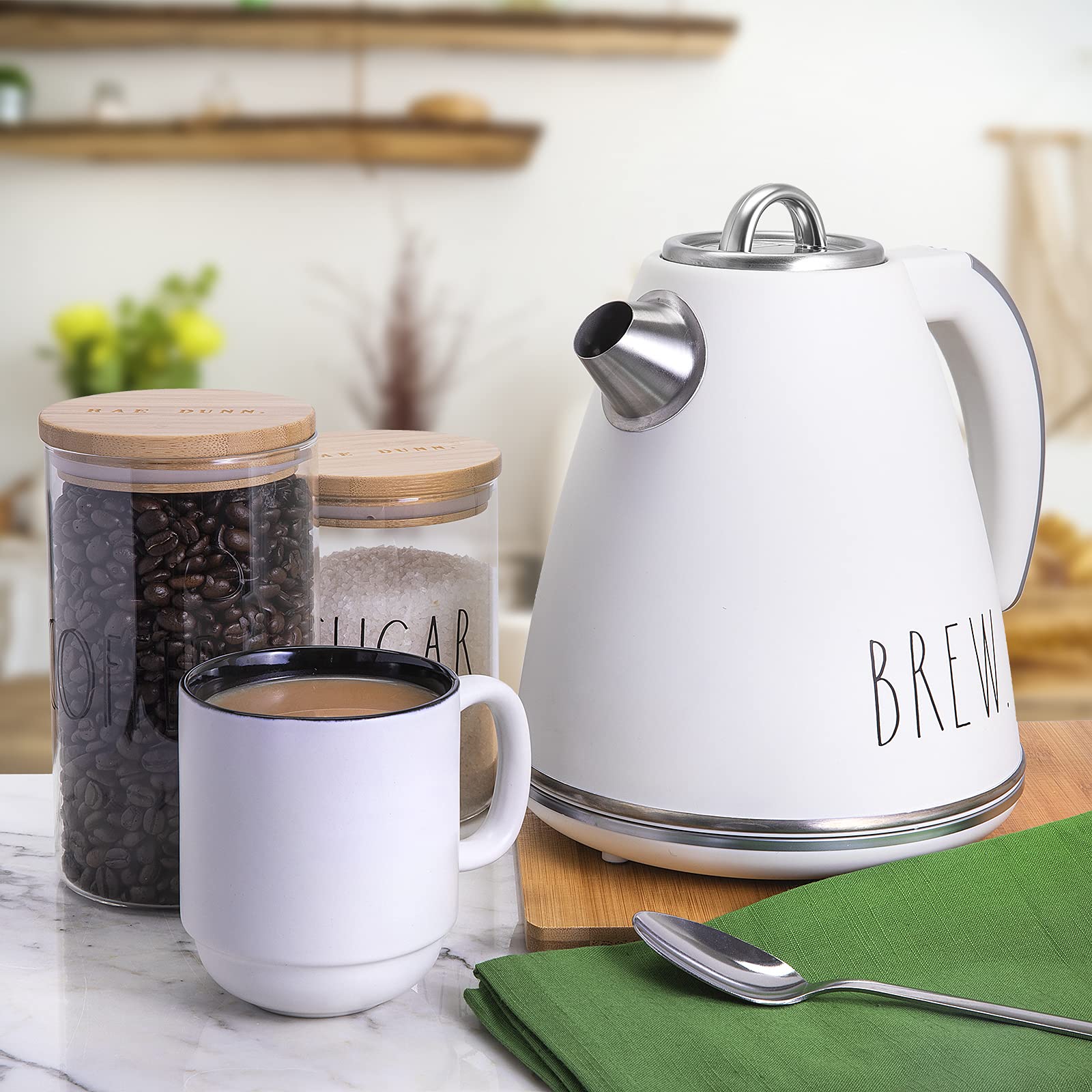 Rae Dunn Electric Water Kettle - Stainless Steel Coffee Maker, 1.5 Liter Tea Kettle, Electric Hot Water Kettle with Automatic Shut Off Boil-Dry Protection, 1500 Watt Boiling Power (Cream)