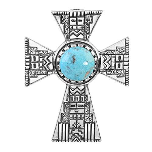American West Sterling Silver Women's Pendant Enhancer Blue Turquoise Gemstone Roderick Tenorio Cross Design