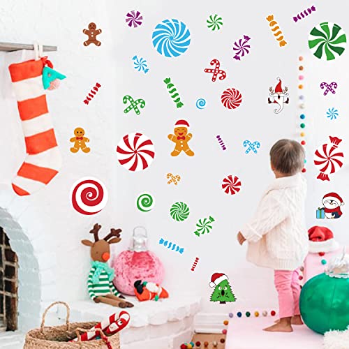 KIMOBER 33PCS Christmas Peppermint Floor Decals,Christmas Candy Santa Claus Gingerbread Wall Stickers for Xmas Party Decoration