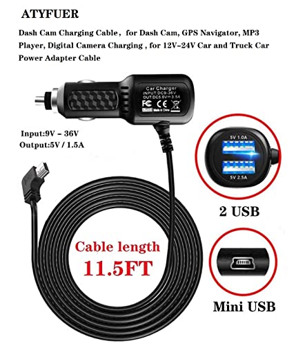 ATYFUER Dash Cam Hardwire Kit GPS Charger Cable GPS Navigator Charger Cable Mini USB Hard Wire Kit Dash Cam Power Cable for 12V Car and 24V Truck(11.5ft)