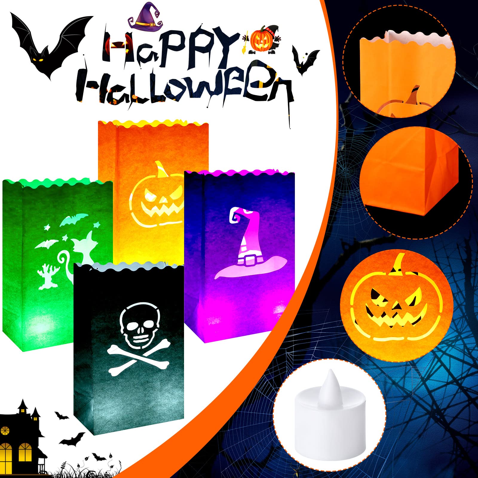Meanplan 48 Pcs Halloween Luminary Bags with LED Light Candles Set 24 Pcs Luminary Candle Bags 24 Pcs LED Tealight Candles Ghost Lantern Bags for Halloween Outdoor Indoor Patio Decorations (Novel)