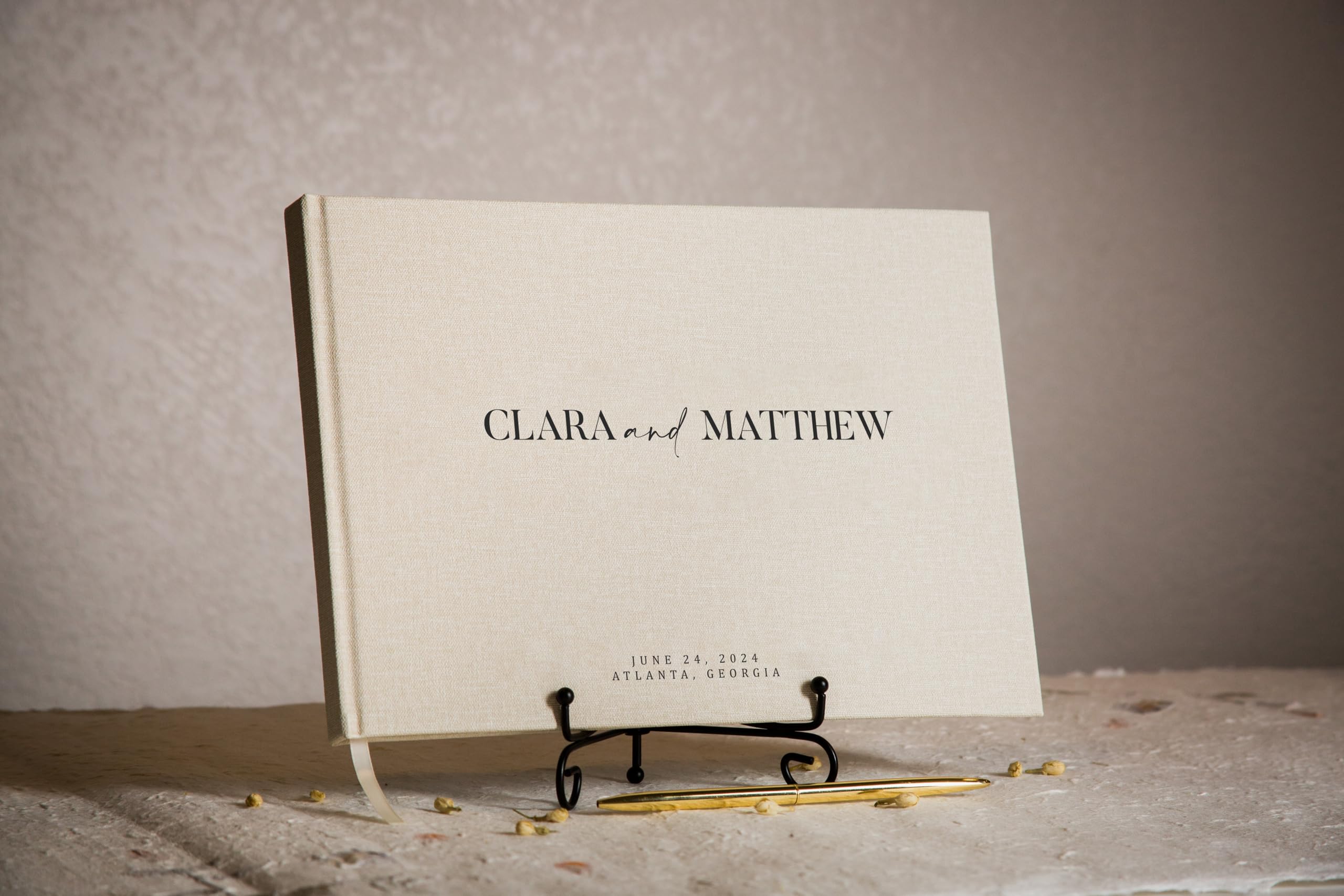 Personalized Guest Book - 11.5" x 8.5" Premium Custom Guest Signing Book with Bookmark and Blank Pages for Wedding Reception Table Decoration Engagement Birthday Party Event, Cream