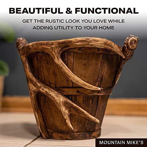 Mountain Mike’s - Rustic Well Bucket Waste Basket with Replicated Deer Antler Handle - Bathroom Trash Can - Rustic Home Decor Inspired by The Outdoors (12 x 12 in)