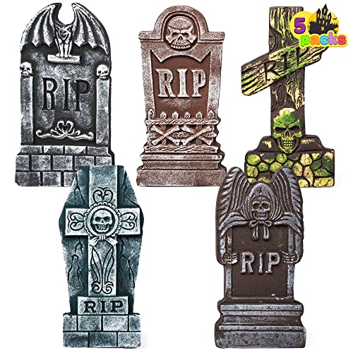 JOYIN 17β Halloween Foam RIP Graveyard Tombstones (5 Pack), Yard Sign Headstone Decorations and 12 Bonus Metal Stakes for Halloween Yard Outdoor Indoor Decorations