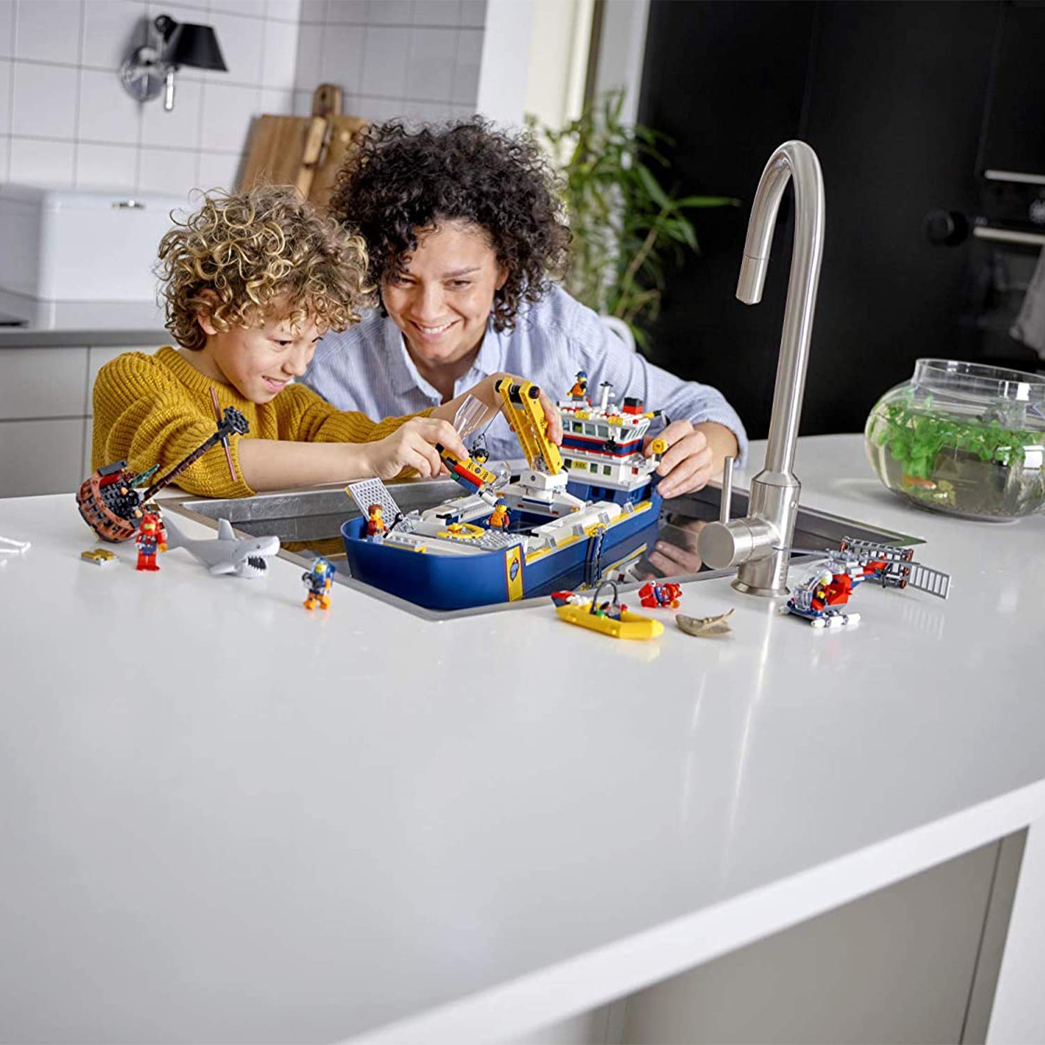 LEGO City Ocean Exploration Ship 60266, Toy Exploration Vessel, Mini Helicopter, Submarine, Shipwreck with Treasure, Lifeboat, Stingray, Shark, Plus 8 Minifigures (745 Pieces)