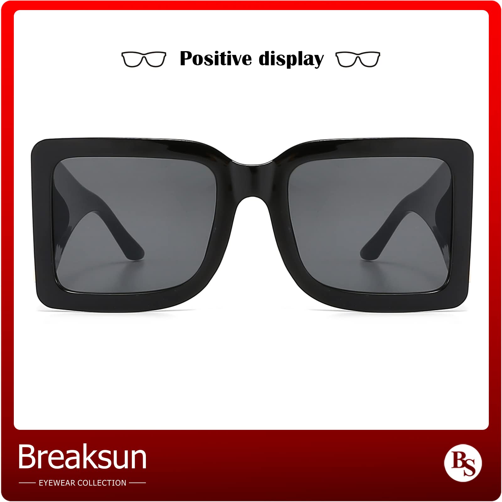 Breaksun Fashion Big Square Sunglasses for Women Men Classic Black Luxury Designer Sun Glasses Thick Frame Gradient Tint (Black/Grey/Gold Character)
