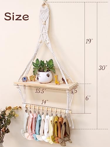 POVETIRE Macrame Hanging Shelves for Nursery for Nursery,Boho Baby Headband Holder Organizer Rope Decor Wall Hanging Decor for Toddler Girls Room