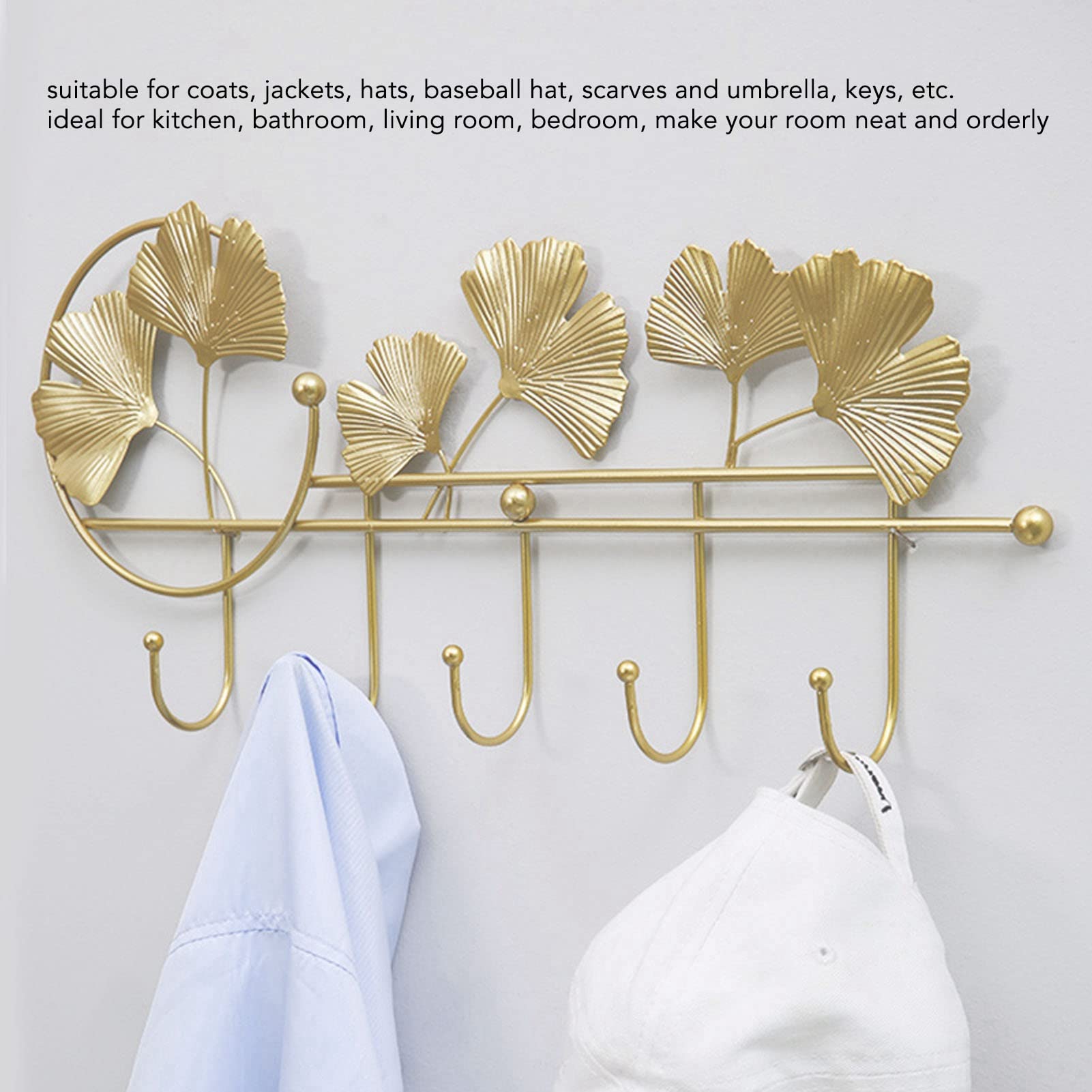 Coat Rack Wall Mount, Gold Ginkgo Leaf Shaped Coat Hanger Wall Hooks for Keys Hat Towel Purse Robes Jacket Clothes