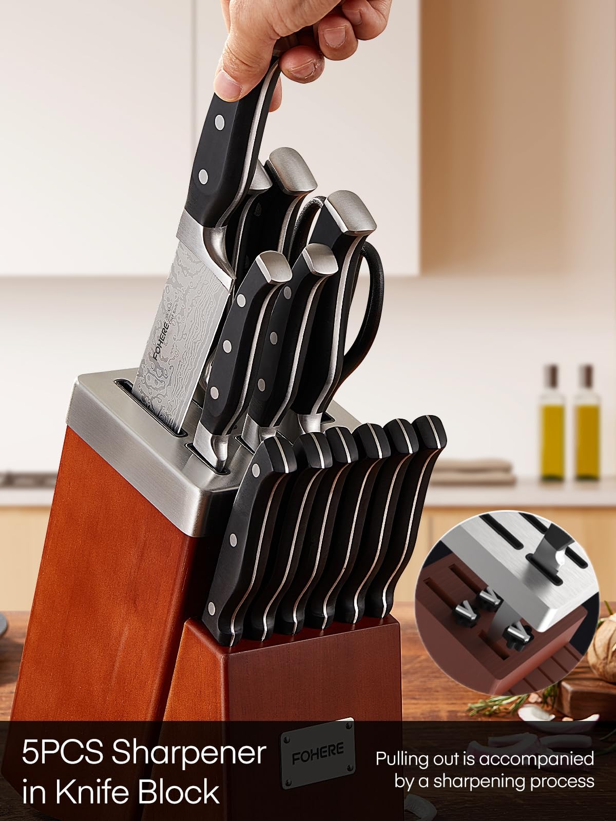 Knife Block Set, FOHERE 14 Pieces Razor-Sharp Self Sharpening Knife Set, High Carbon Stainless Steel Waved Pattern Knife Set with Block, Rust & Stain Resistant Kitchen Knives and Triple Riveted Handle