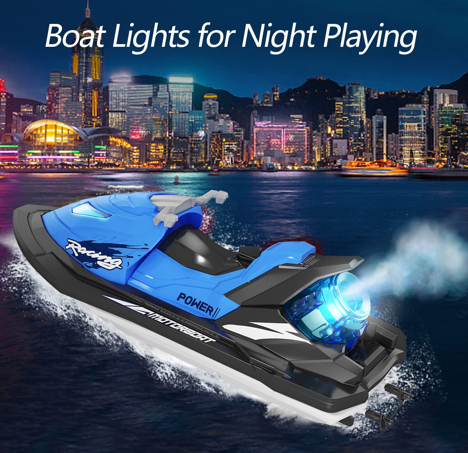 IOKUKI RC Boats for Kids & Adults with Spraying Function, 2.4G Remote Control Boat for Pools & Lakes with Rechargeable Toy Boat Battery/Dual Motors/Low Power Prompt/Waterproof - Blue