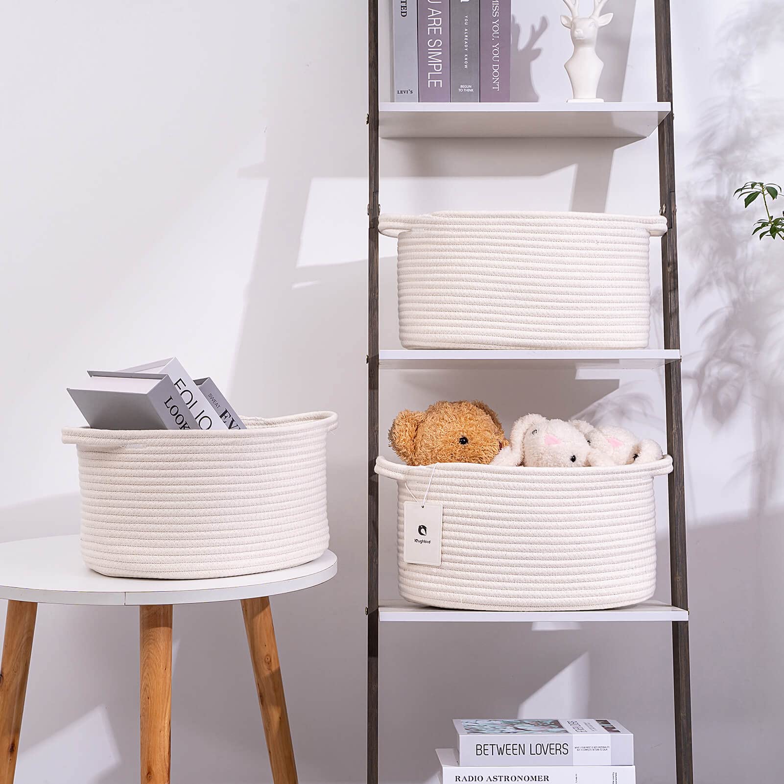 Laughbird Storage Box|Fabric Storage Basket Used to Organize The Shelf of Closet Shelf Baby Toys|Decorative Medium Woven Linen Closet Organizer, With Handle Cube (white, 3bags)