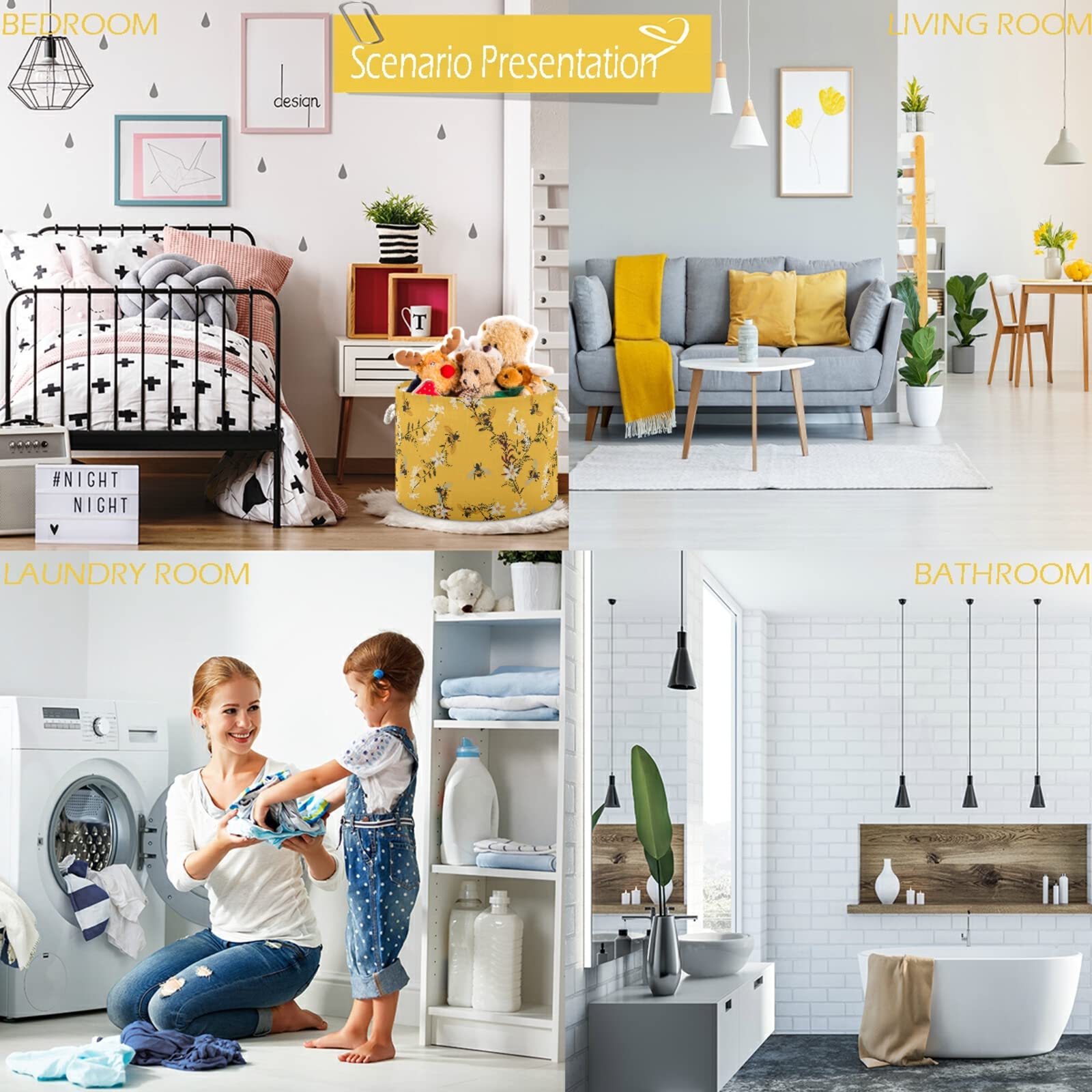 visesunny Stylish Embroidery Bee Butterfly Pattern Laundry Baskets Fabric Storage Bin Storage Box Collapsible Storage Basket Toy Clothes Shelves Basket for Bathroom,Bedroom,Nursery,Closet,Office