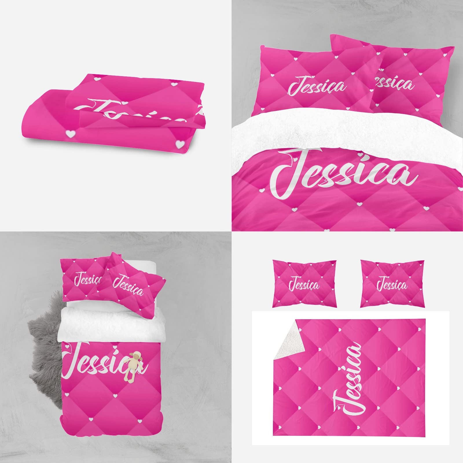 XIUCOO Personalized Pink Heart Print Duvet Cover Sets with Name Bedding Set 3 Pcs Quilt Cover with Zipper for Adult Birthday Gift,Queen Size