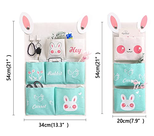 KINGREE 2PCS Wall Closet Hanging Storage Bag with Hooks Premium Linen Fabric Over The Door Organizer, Hanging Storage Pouches with 3 Pockets and 7 Pockets for Bedroom Bathroom (Rabbit)
