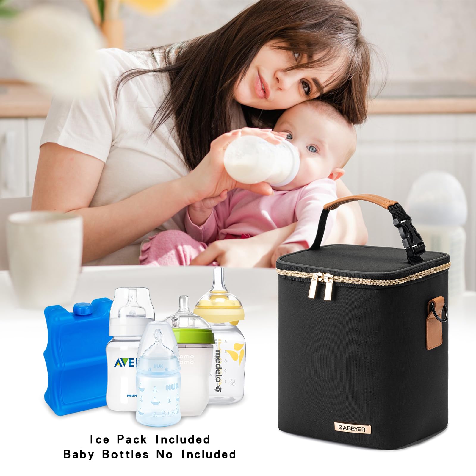 BABEYER Breast Milk Cooler Bag with Ice Pack Fits 4 Baby Bottles Up to 9 Ounce, Baby Bottle Bag with Shoulder Strap for Nursing Mom Daycare, Black