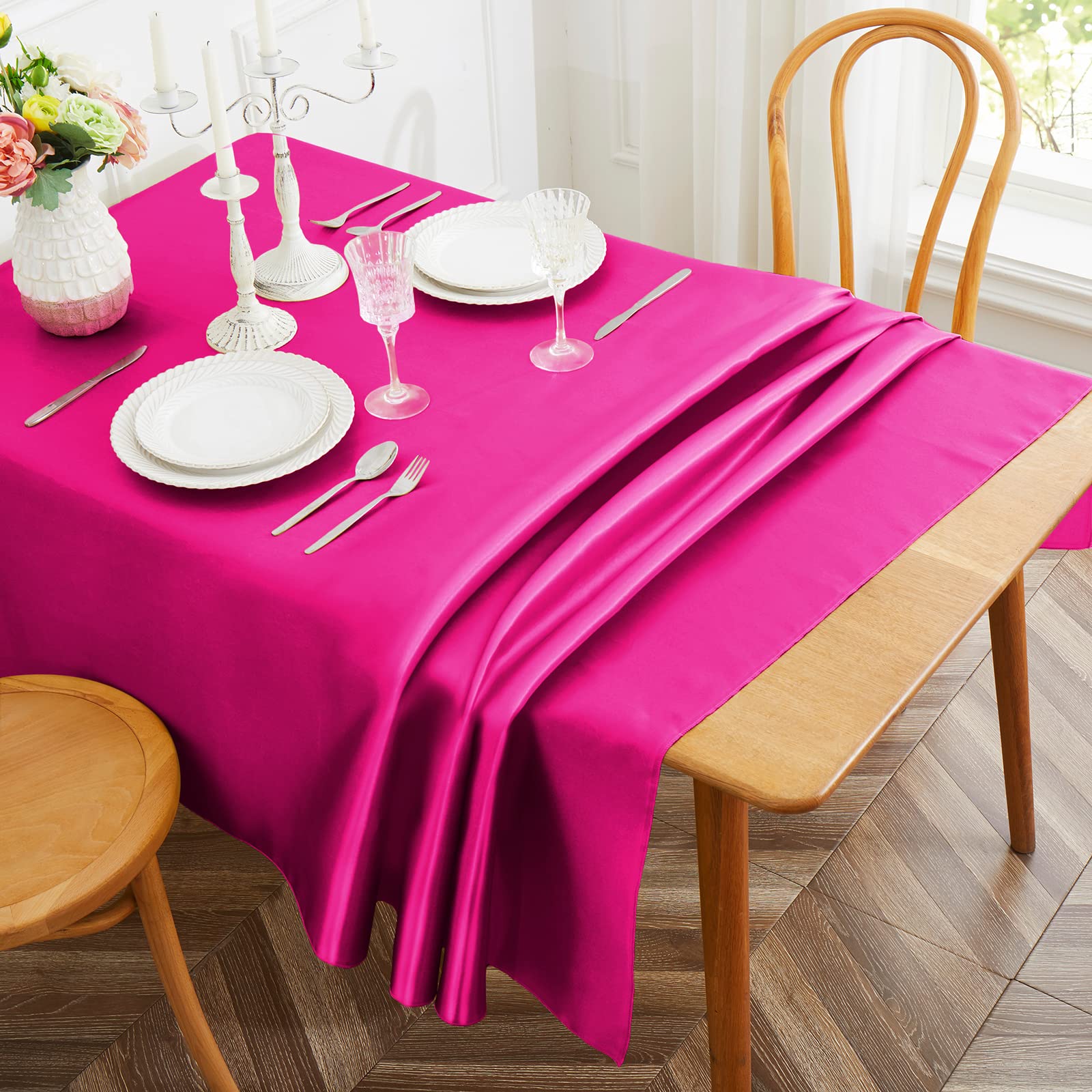 Cobedzy 1 Pack Hot Pink Satin Tablecloth, 58 x 102 Inches Rectangle Satin Table Cover,Smooth Fabric Satin Table Cloths,Luxury Silk Tablecloth for Party Wedding Dinner Restaurant