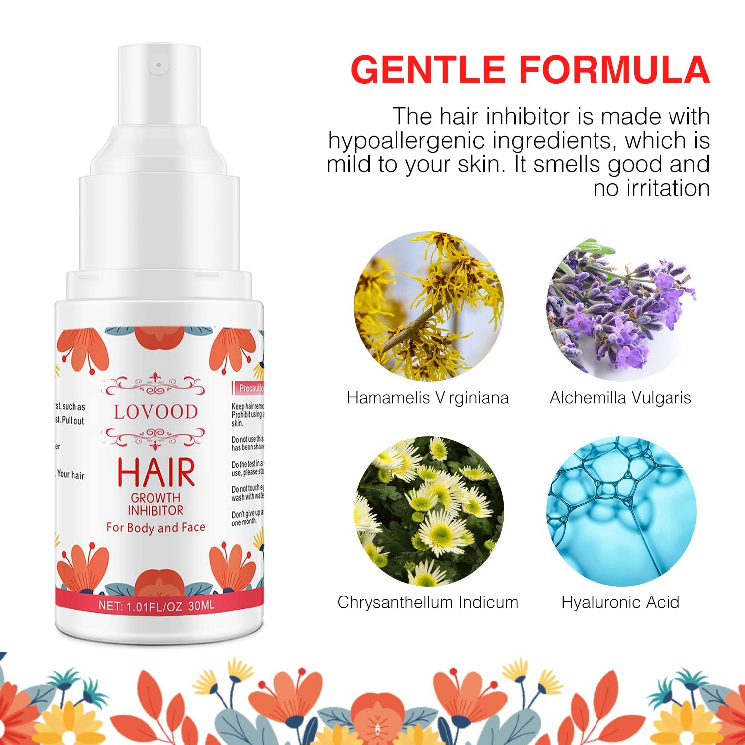 LOVOOD Hair Growth Inhibitor Spray - Non-Irritating & Painless for Face & Body, 1.01 Fl Oz (Pack of 1)