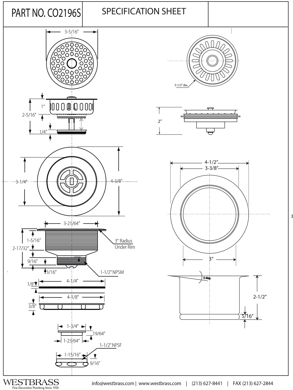 Westbrass CO2196S-12 Combo Pack 3-1/2" Post Style Large Basket Extra-Deep Collar Kitchen Sink Waste Disposal Flange with Strainer Stopper, Oil Rubbed Bronze