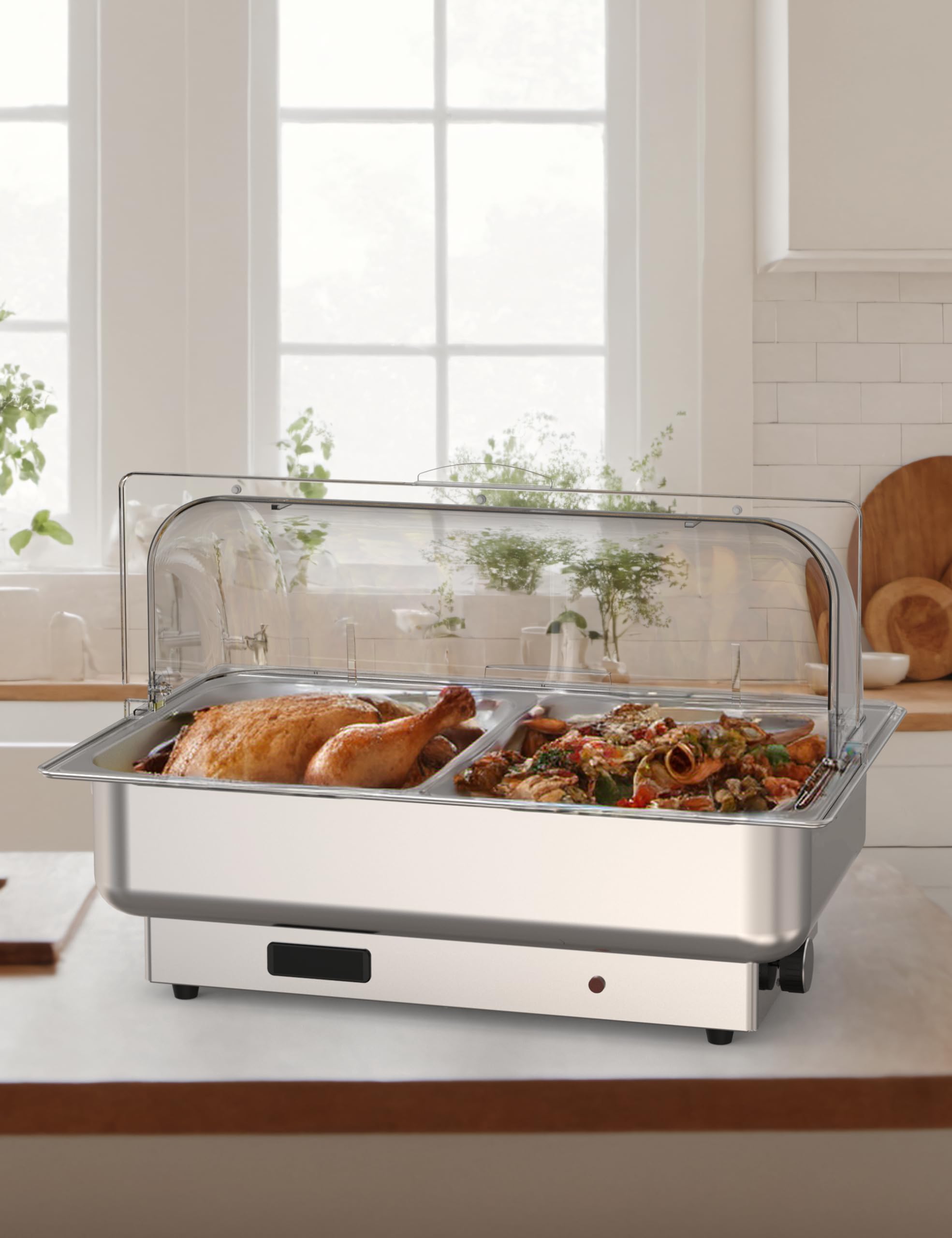 Takywep Rectangular Chafing Dish Electric Buffet Set with Temperature Control, 2 x 4.5QT Half-Size Stainless Steel Food Servers and Warmers with Transparent Lid for Catering Wedding and Parties