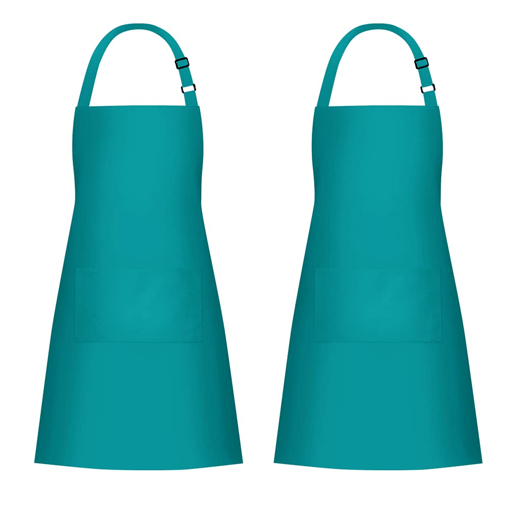 Jubatus 2 Pack 100% Cotton Aprons with 2 Pockets Cooking Chef Kitchen Adjustable Bib Apron for Women Men, Teal Green