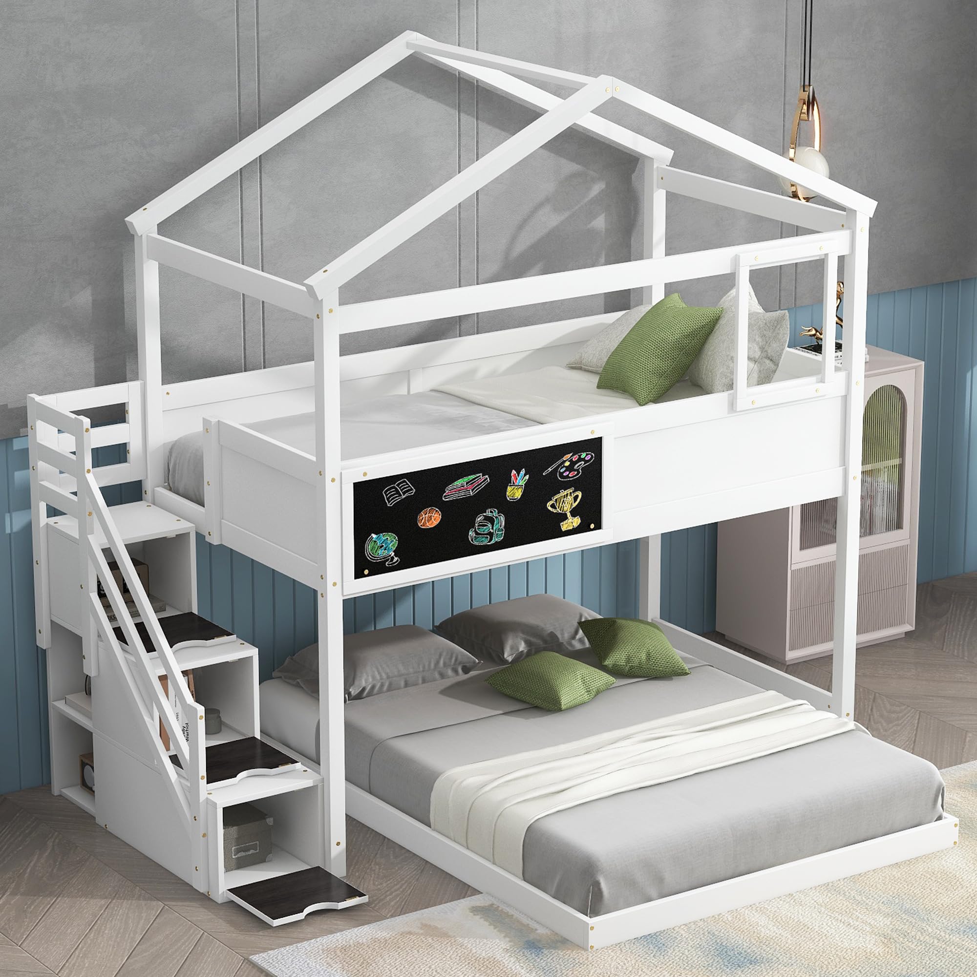 Harper & Bright Designs Twin Over Full House Bunk Bed with Stairs and Blackboard, Wood Floor Bunk Bed Frame with Storage Staircase, for Kids Teens (White)