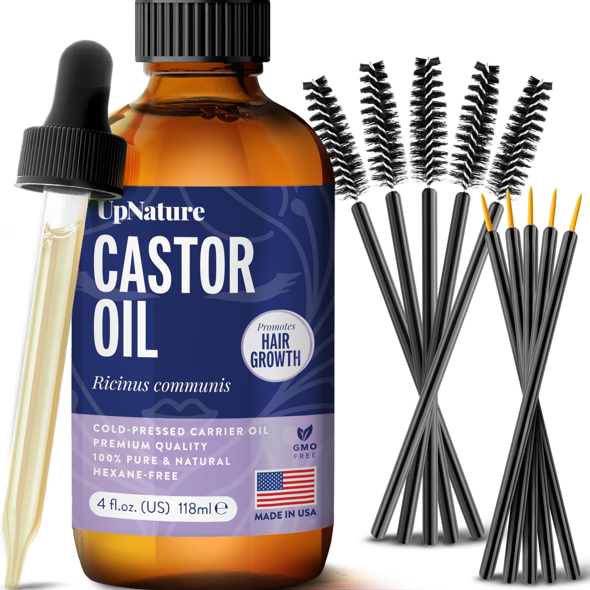 UpNature Castor Oil 4oz- 100% Pure for Hair, Eyelashes & Eyebrows- Cold Pressed, Hexane Free, Made in USA- Stimulate Hair Growth Moisturize Skin/ Scalp-12pc Treatment Kit w Spoolies Dropper