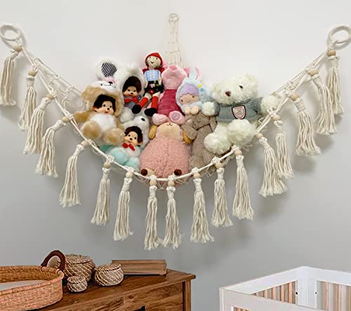 Stuffed Animal Hammock Macrame - Toy Hammock for Stuffed Animals - Stuff Animal Organizer Corner Storage Hanging Fringe - Stuffed Animal Display Holder Net Tassels for Nursery Décor, White (TH-003)