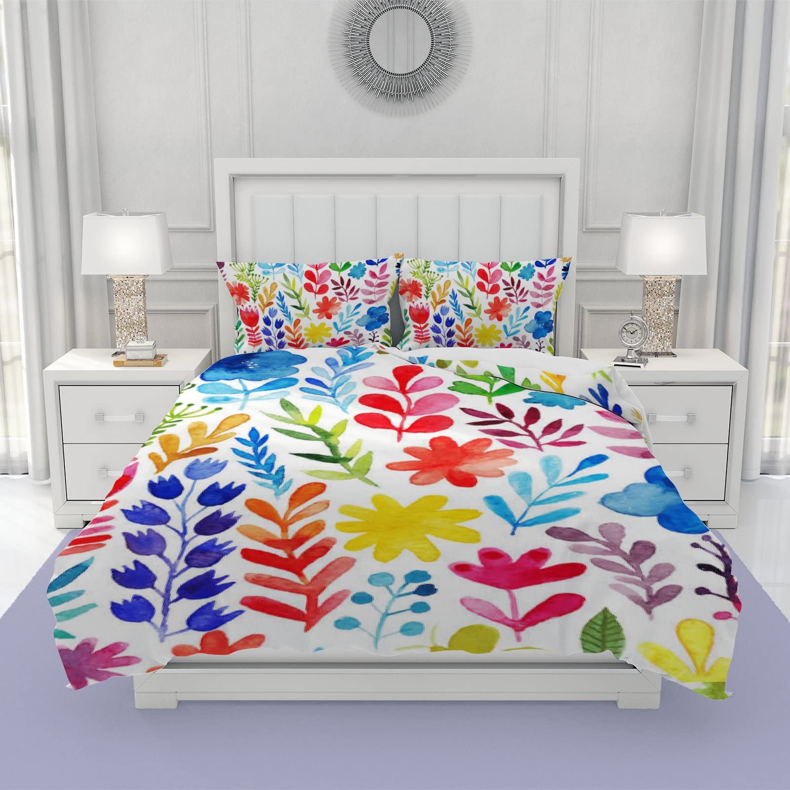 Queen Duvet Cover Set Watercolor Colorful Floral Leaves Soft Bed Duvet Cover with Zipper Closure,3 Pieces Breathable Bedding Set,1 Comforter Cover and 2 Pillow Shams