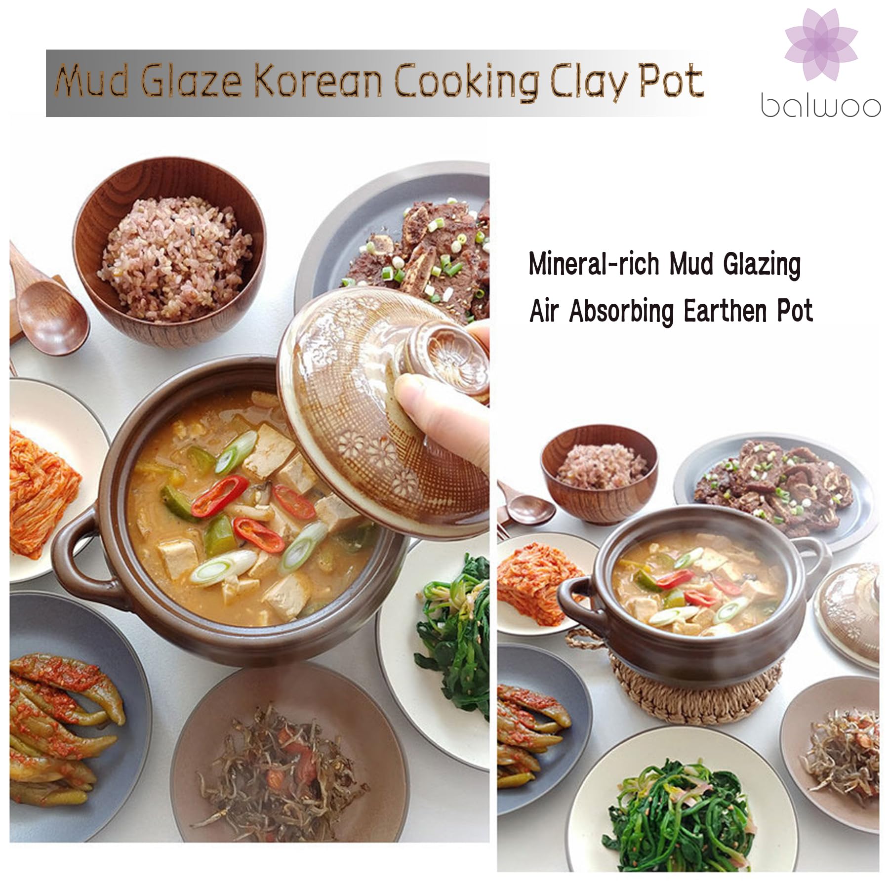 BALWOO Korean Pot [Buncheong] MUD GLAZE Earthenware Ttukbaegi, Ceramic Clay Cooking Pot Casserole, Heat Resistant Ceramic Pot, Zero-Crack Stone Bowl Stockpot Soup Cookware (Mini)