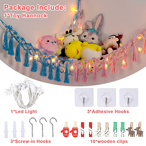 Stuffed Animal Net or Hammock with LED Light Stuff Toy Organizer Hanging Storage Net Handmade Boho Toys Storage Hammock Holder with Wood Beads for Children's Room Kindergarten Nursery (Blue and Pink)