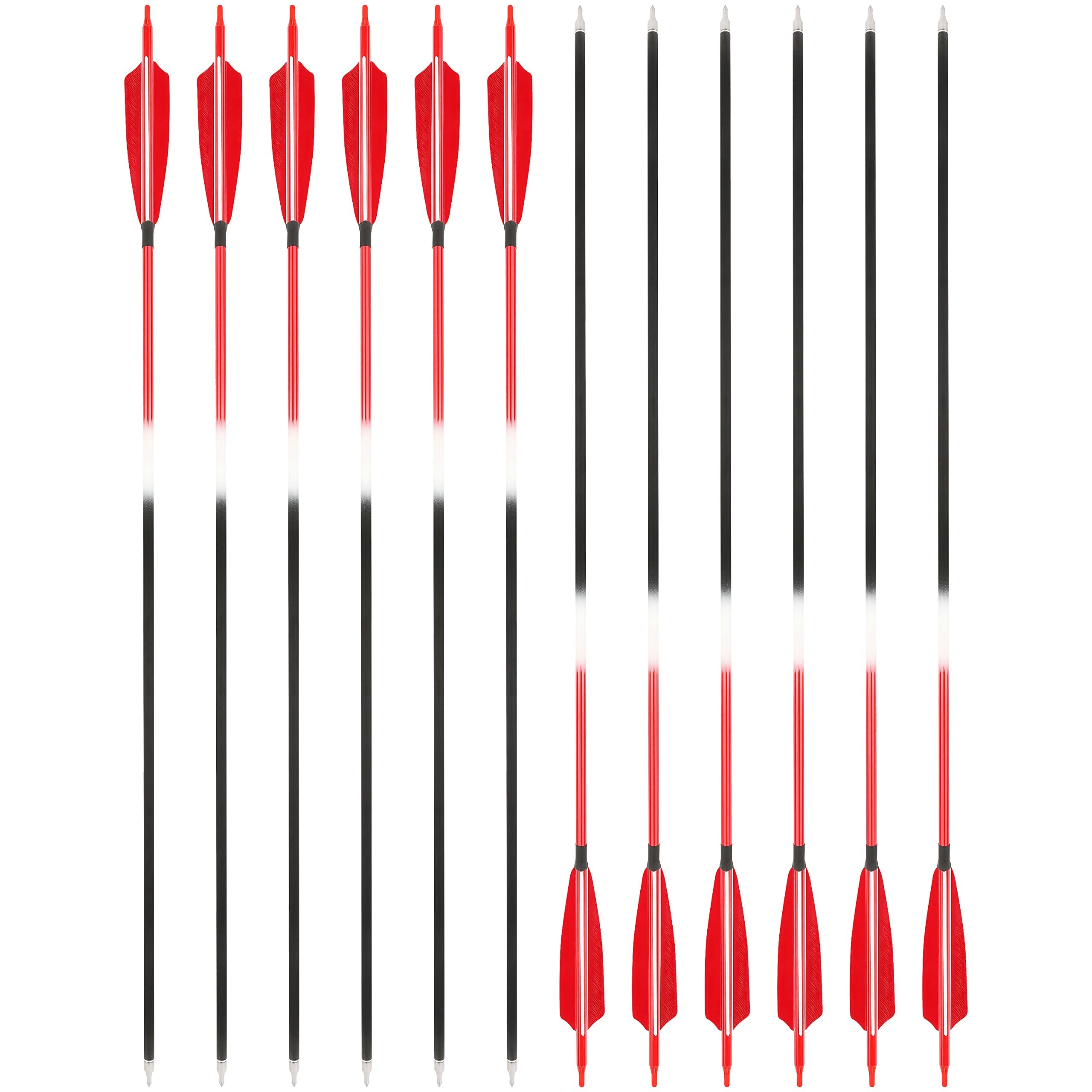 AMEYXGS 12Pcs Archery 30Inch Carbon Arrow Target Practice Hunting Arrow Spine 500 with 5inch Shield Turkey Feather Removable Tips for Traditional Recurve Compound Bow Longbow (Red1, 12)