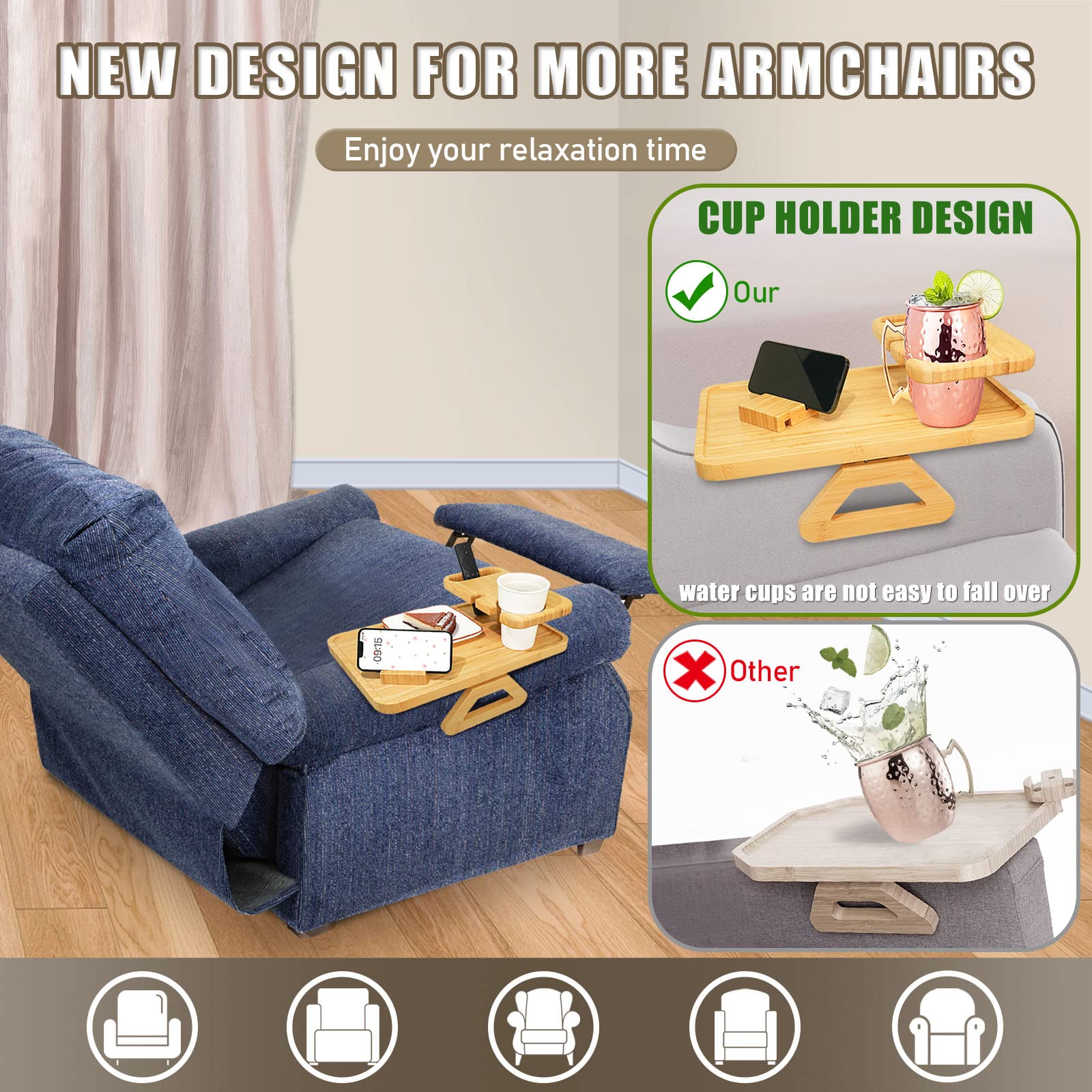 Bamboo Couch Arm Tray Table, Double Layer Sofa Clip on Tray Table with Cup Holder and Phone Holder, Sofa Armrest Tray for Eating Drinks Snacks