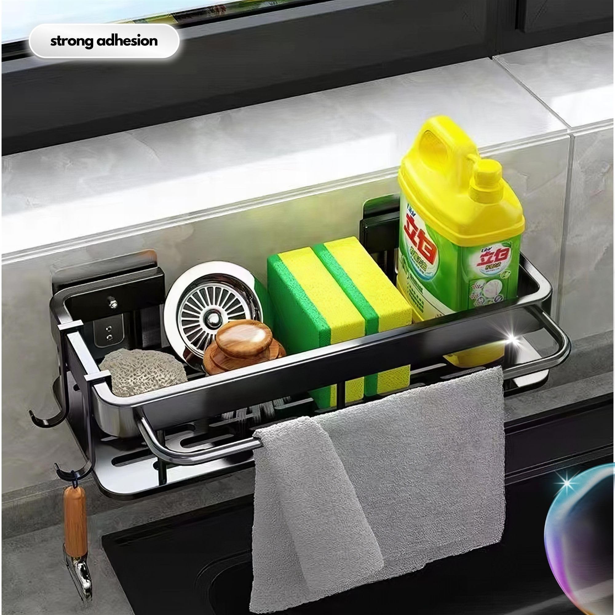 MAXHEM Shower Caddy Basket Shelf Storage Rack, Self-Adhesive Aluminum Wall Mounted Bathroom or Kitchen Organizer Space for (2 Pack), No Drilling Bathroom Shelves with 2 Hook + 1 Towel Bar