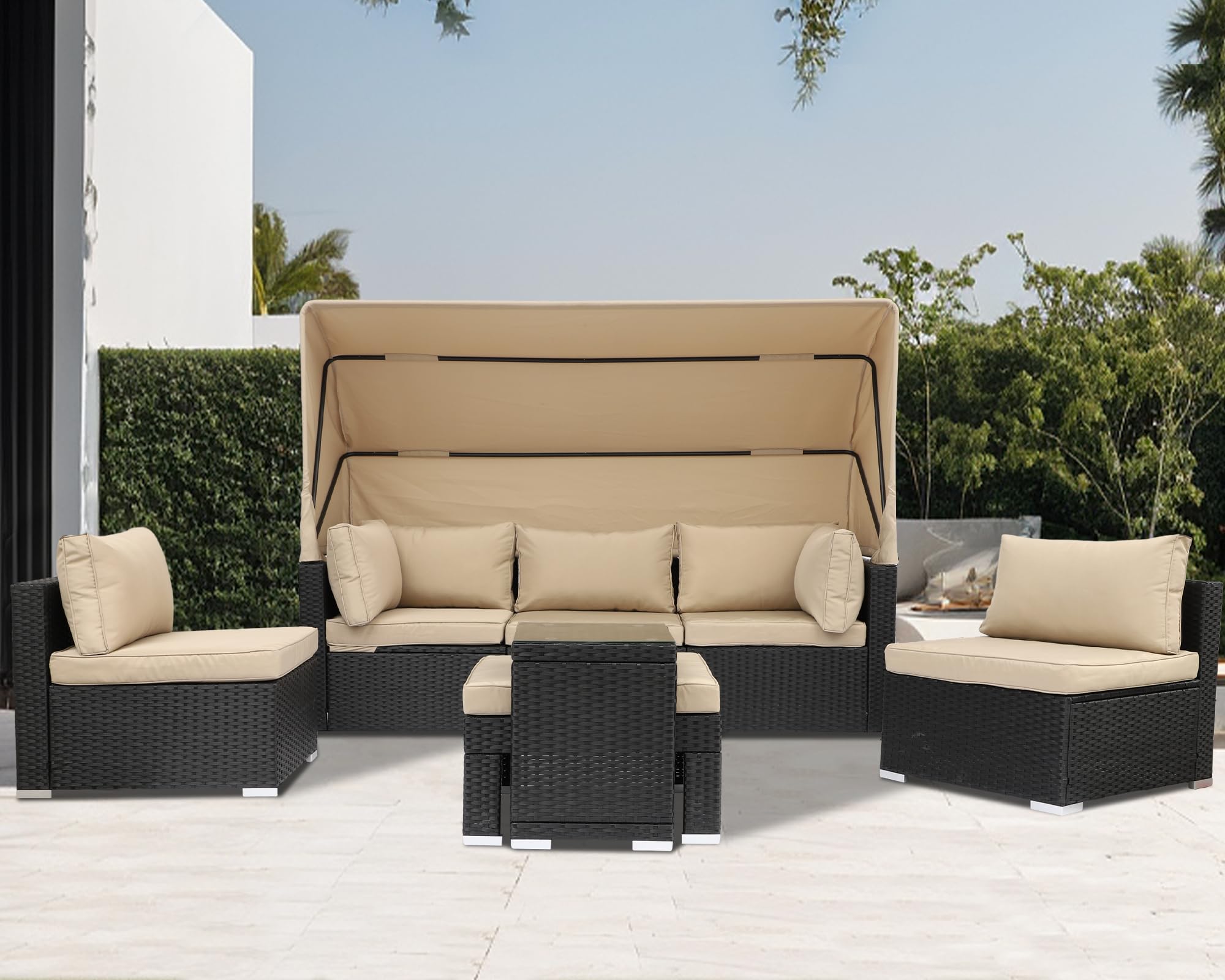 LETATA 7 Pieces Wicker Patio Furniture Sets, Rattan Daybed with Retractable Canopy, Outdoor Sectional Sofa Set with Adjustable Backrest, Chaise Chair Sunbed for Garden Poolside Backyard (Khaki)