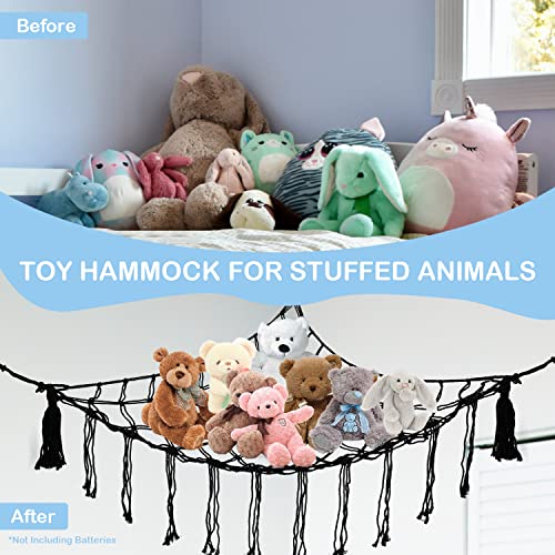 Stuffed Animal Net Or Hammock With Led Light, Animal Hammock Corner Holder, Toy Plush Net Wall Hanging Net Storage Ideas Organizer, For Nursery Play Room Kids Bedroom (Black)