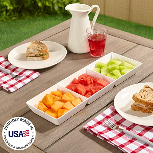 US Acrylic Avant White Plastic Divided Serving Trays (Set of 4) 15β x 5β | Narrow Reusable 3-Section Party Platters | Serve Appetizers, Fruit, Veggies, & Desserts | BPA-Free & Made in USA