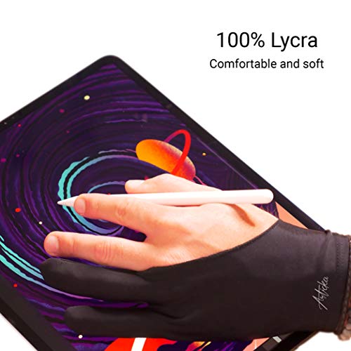 Articka Drawing Glove for Digital Drawing Tablet, iPad (Smudge Guard, Two-Finger, Reduces Friction, Elastic Lycra, Good for Right and Left Hand)(Large, Black)