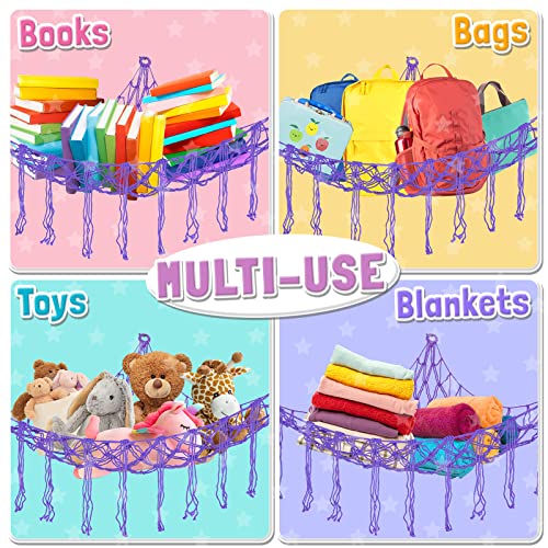 Stuffed Animal Hammock Storage with lights, 2 Pack Hanging Plush Net Hammock for Dolls, Teeniewins Wall Corner Net Holder with Dual Mode Star Light, Jumbo Toys Hammock for Nursery, Bedroom Decor