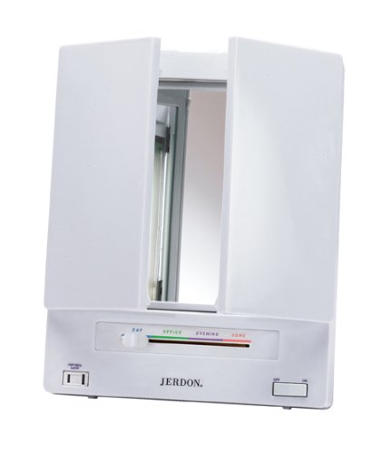 JERDON Tri-Fold Two-Sided Makeup Mirror with Lights - Vanity Mirror with 5X Magnification & Multiple Light Settings - White Base - Model JGL9W