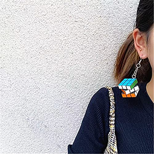 ANXIN Mini Simulation Colorful Real Magic Cube Dangle Earrings Necklace Puzzle Cube Creative Cartoon Funny Earrings for Women Girls (Colorful Real Magic Cube Earrings)