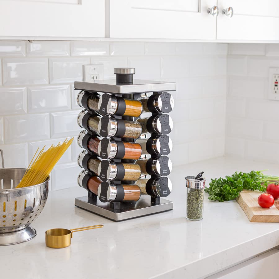 Orii Rotunda 20 Jar Spice Rack Filled with Spices & Top Label - Rotating Standing Rack Shelf Holder & Countertop Spice Rack Tower Organizer for Kitchen Spices, Free Spice Refill for 5 Years